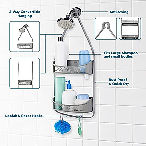 BLACK+DECKER 2-Way Convertible Hanging Anti-Swing Shower Caddy, 2 Way Adjustable Arm, Over The Door, Loofah & Razor Hooks, Storage & Organization, Large and Small Bottles and More, Grey