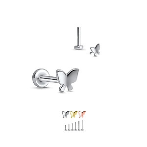 Rose-Tone 316 Stainless Steel Threadless Push Pin Nose Ring Labret Monroe Stud Butterfly, 3/8" (10mm) Post Length 16G