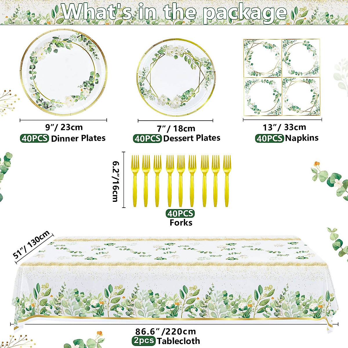 Hegbolke Sage Green Baby Shower Decorations Serve 40-162Pcs Plates Napkins Tablecloth Forks Set for Sage Green Plates and Napkins Party Supplies Eucalyptus Baby Shower Decorations