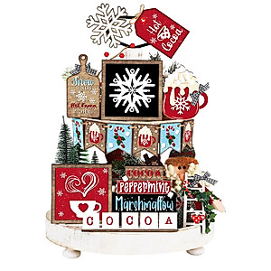 FairySandy 14 Pcs Christmas Tiered Tray Decor Set Christmas Wooden Sign Decor Rustic Farmhouse Snowfake Coffee Spice Blocks Winter Table Sign for Christmas Halloween