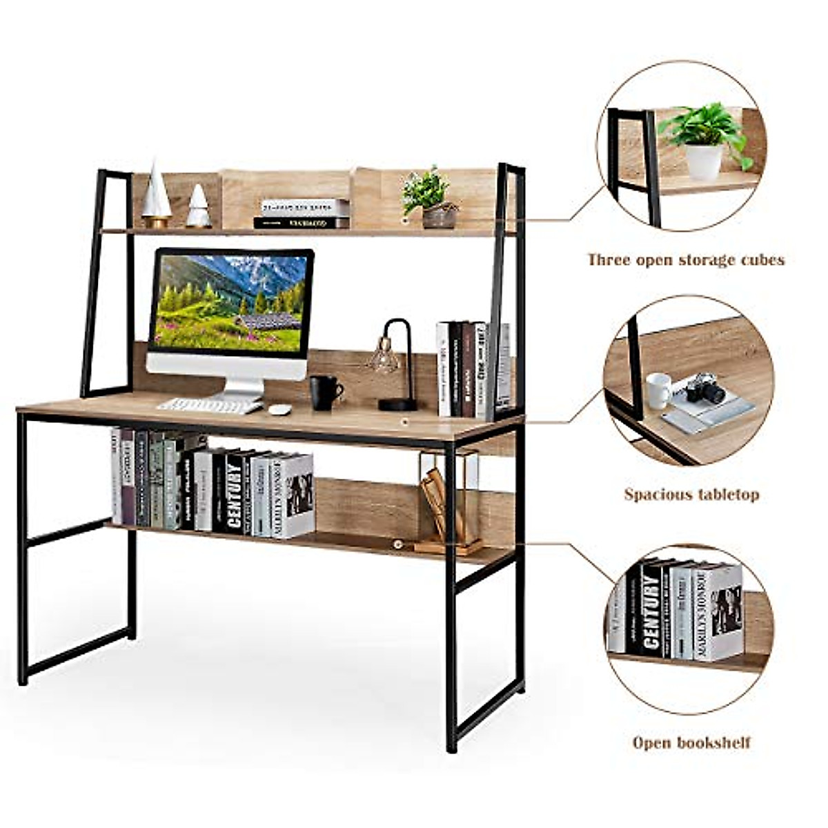 Tangkula Computer Desk with Hutch & Bookshelf, 47 Inches Space Saving Writing Study Table Home Office Desk, PC Laptop Table Workstation with w/ 3 Open Storage Space & Bottom Bookshelf (Natural)