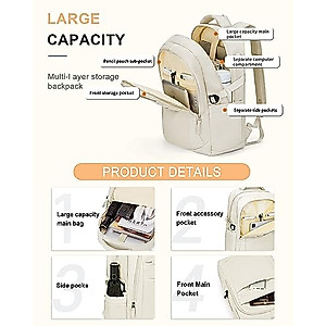 Travel Laptop Carry on Backpack for Women Men, Airline Flight Approved Waterproof 14 Inch Laptop Backpack, Casual Daypack College Personal item Bag Rucksack with USB Charging Port for Business, Beige