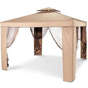 Happybuy Outdoor Canopy Gazebo Tent, Portable Canopy Shelter with 10'x10' Large Shade Space for Party, Backyard, Patio Lawn and Garden, 4 Sandbags, and Netting Included, Brown