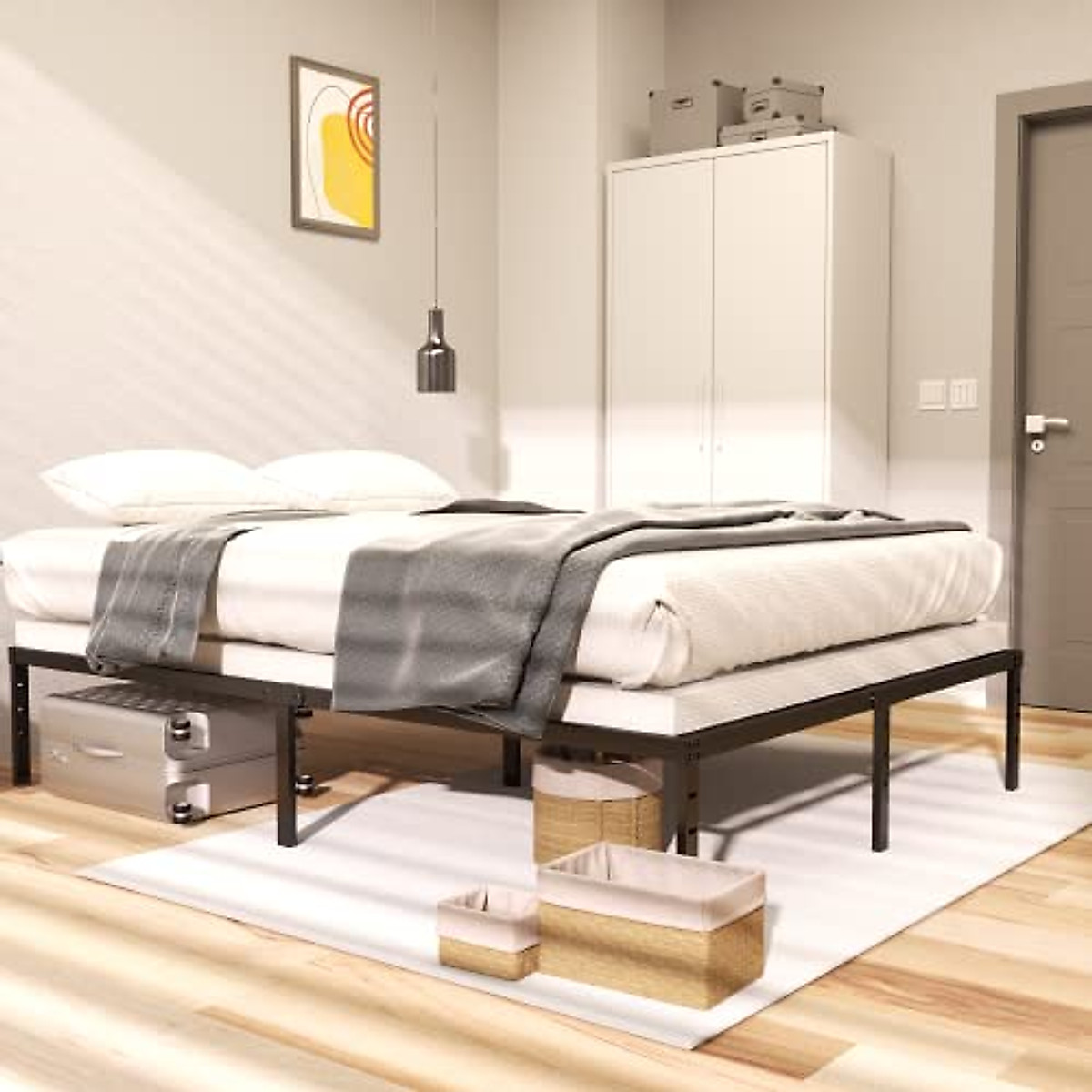 ALDRICH Metal Bed Frame Queen Size - 16 Inch Tall Black Basic Anti Squeak Steel Slats Platform, Easy Assembly Heavy Duty Noise Free Bedframes, No Box Spring Needed