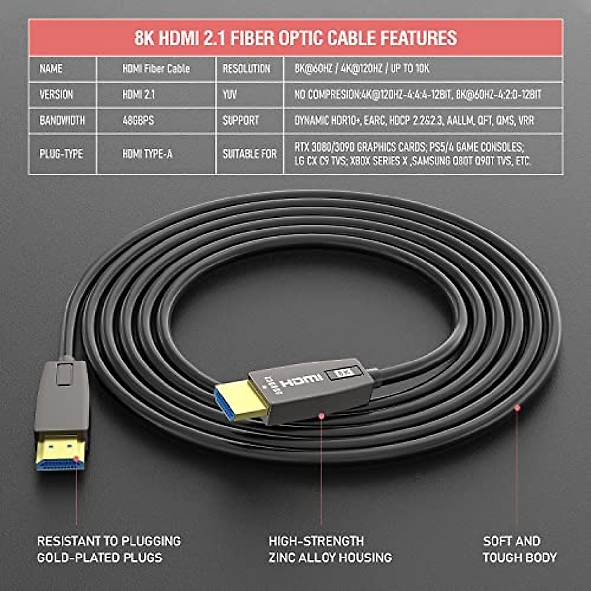 Dikuolink 8K HDMI 2.1 Fiber Optic Cable 40FT 4K 120Hz 8K 60Hz Ultra High Speed 48Gbps HDR eARC HDCP2.3, Slim Flexible for RTX3080/3090, Game, Xbox Series X, PS4/5, LG C9/CX, Samsung Q90T, TCL, Sony