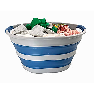 SAMMART 23L (6 Gallons) Collapsible Plastic Laundry Basket - Oval Tub - Foldable Storage Container/Organizer -Portable Washing Tub -Space Saving Laundry Hamper (Grey/Mist Blue)