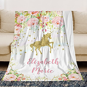 Personalized Unicorn Blanket with Name Custom Baby Blanket for Girls Customized Baby Girl Gifts Soft Plush Fleece Blankets for Shower Nursery Swaddling - Floral Unicorn9 50x60in