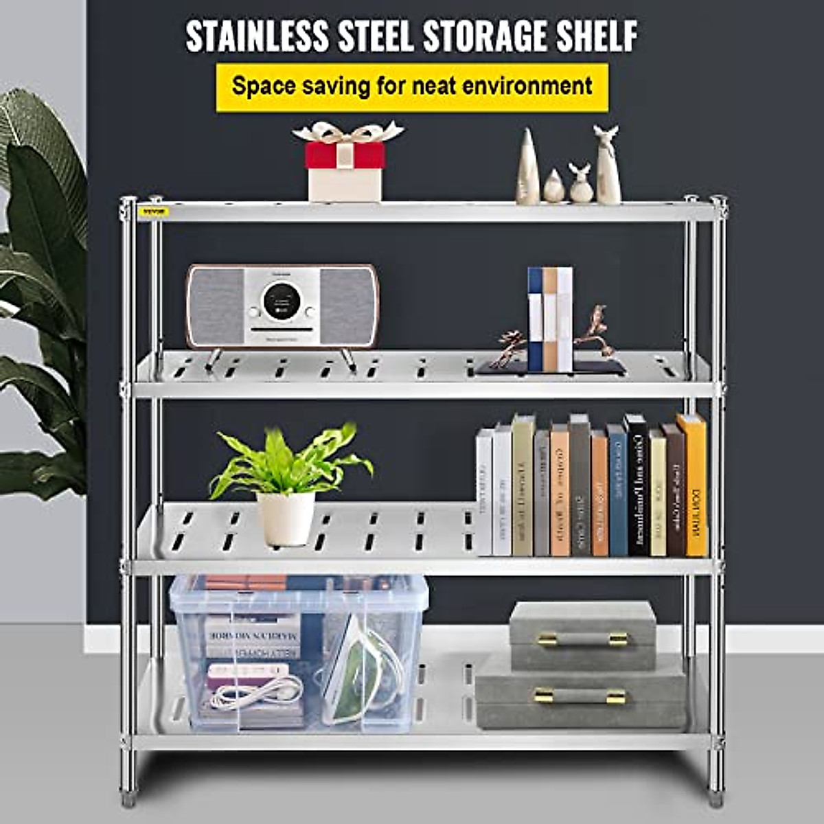 VEVOR Storage Shelf, 4-Tier Storage Shelving Unit, Stainless Steel Garage Shelf, 59.1 x 17.7 x 61 inch Heavy Duty Storage Shelving, 529 Lbs Total Capacity with Adjustable Height and Vent Holes