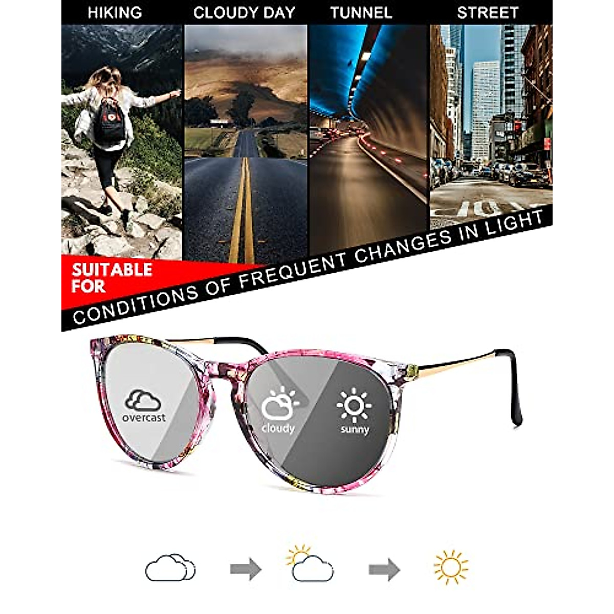 TJUTR Women's Photochromic Sunglasses with Polarized Lens for Outdoor, UV Protection Reduce Fatigue for Driving