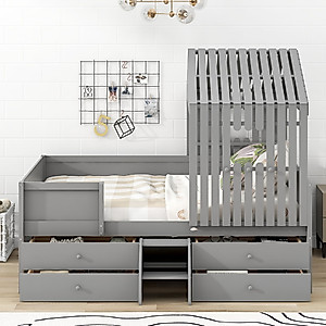 LostCat Full Bed with Storage, Full Size House Low Loft Bed with 4 Drawers, Wooden Platform Bed Frame with Stairs & Guardrail for Kids Teens Adults, No Box Spring Needed, White