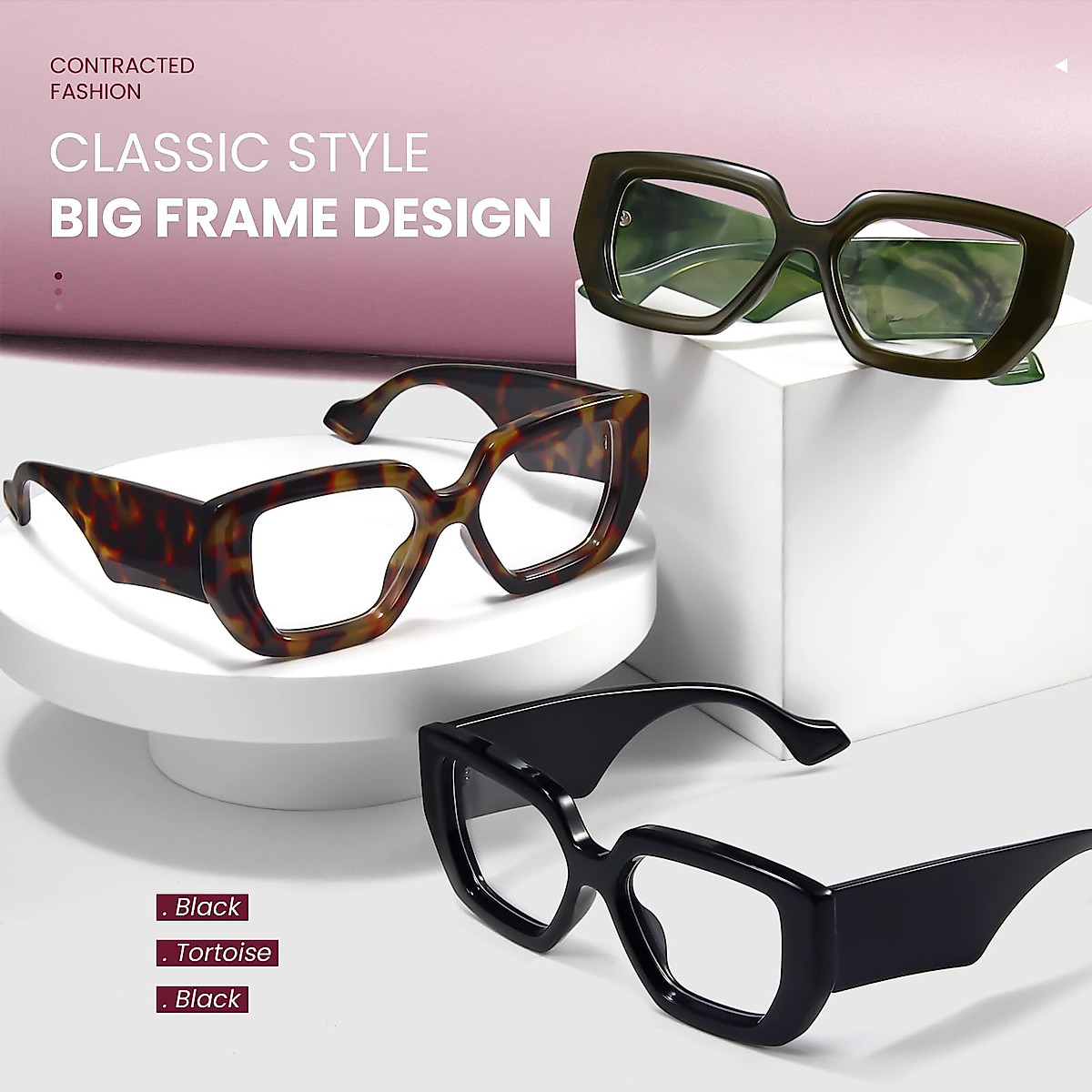 livho 3 Pack Blue Light Glasses Women Men Oversized Fashion Computer Bluelight Blocking Thick Frame Eyeglasses Anti Eyestrain (A1 Black/Dark Green/Leopard)