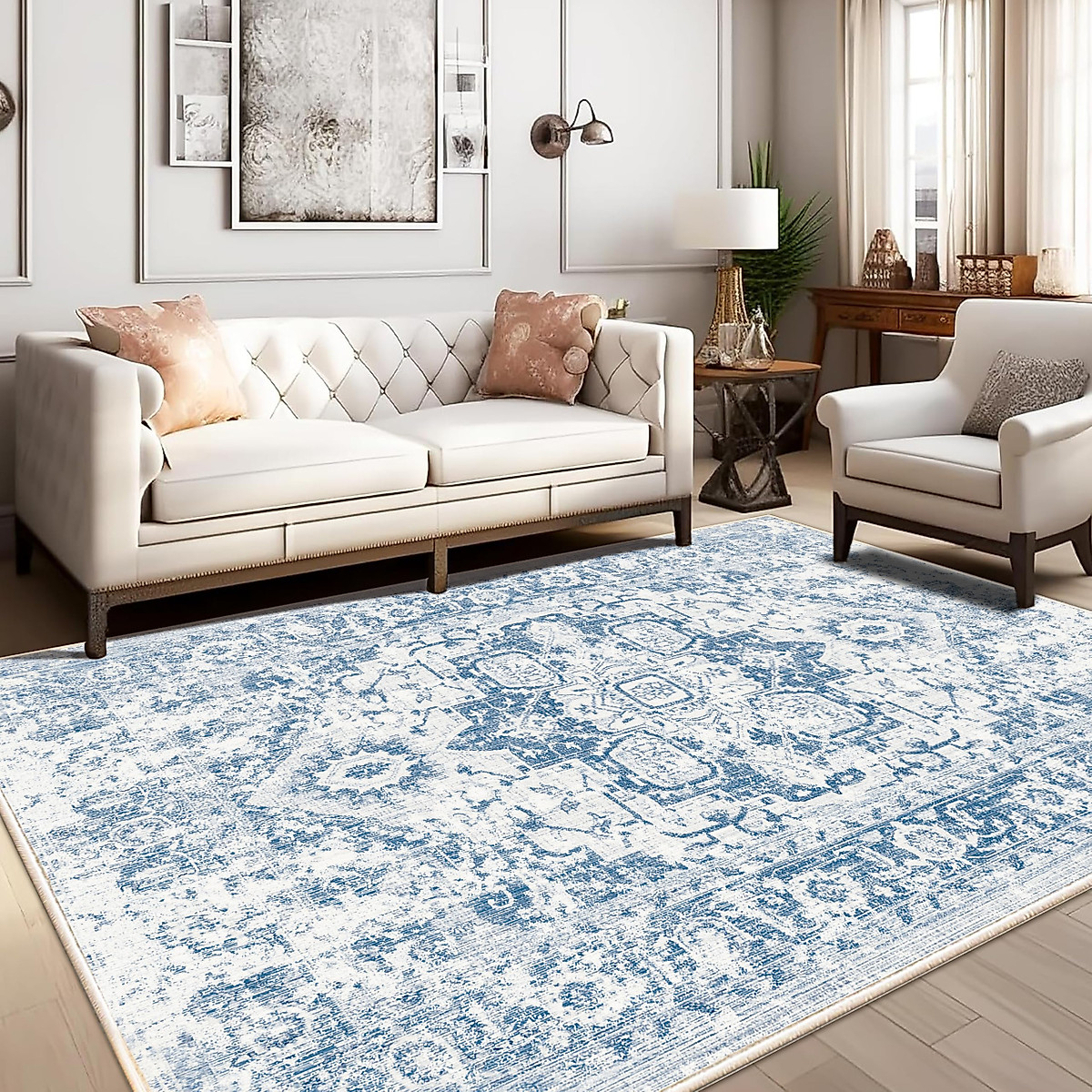 FAIOKAVER Soft Thin Washable Vintage Area Rug - 5X7 Large Boho Blue Bedroom Rug Entry Mat,Vintage Non-Slip Non-Shedding Low Pile Indoor Throw Carpet for Laundry Living Room