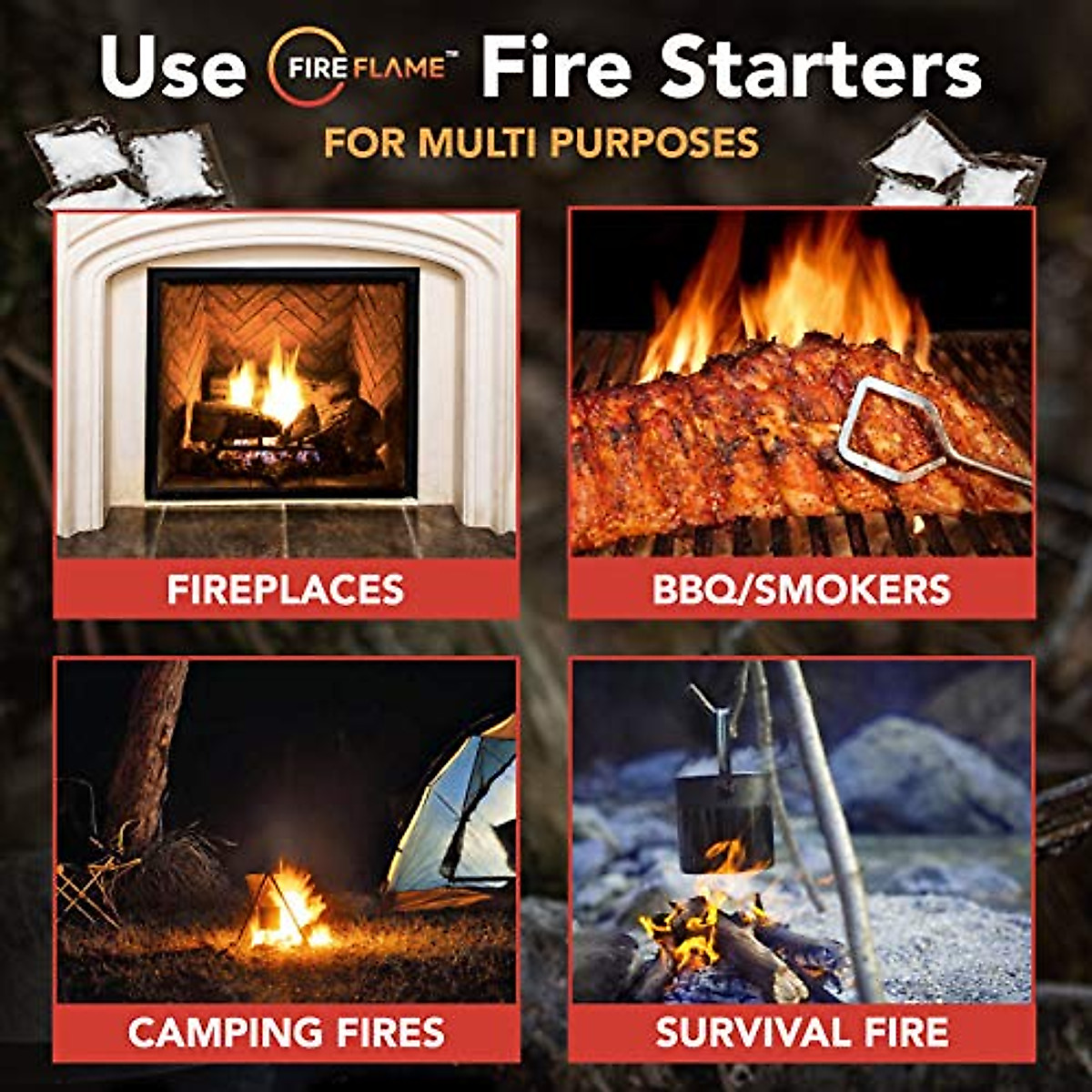FireFlame Quick Instant Fire Starter - 100% Waterproof All-Purpose Indoor & Outdoor FireStarter, for Charcoal Starter, Campfire, Fireplace, Firepit, Smoker - Odorless and Non-Toxic - 20 Pouches in Bag
