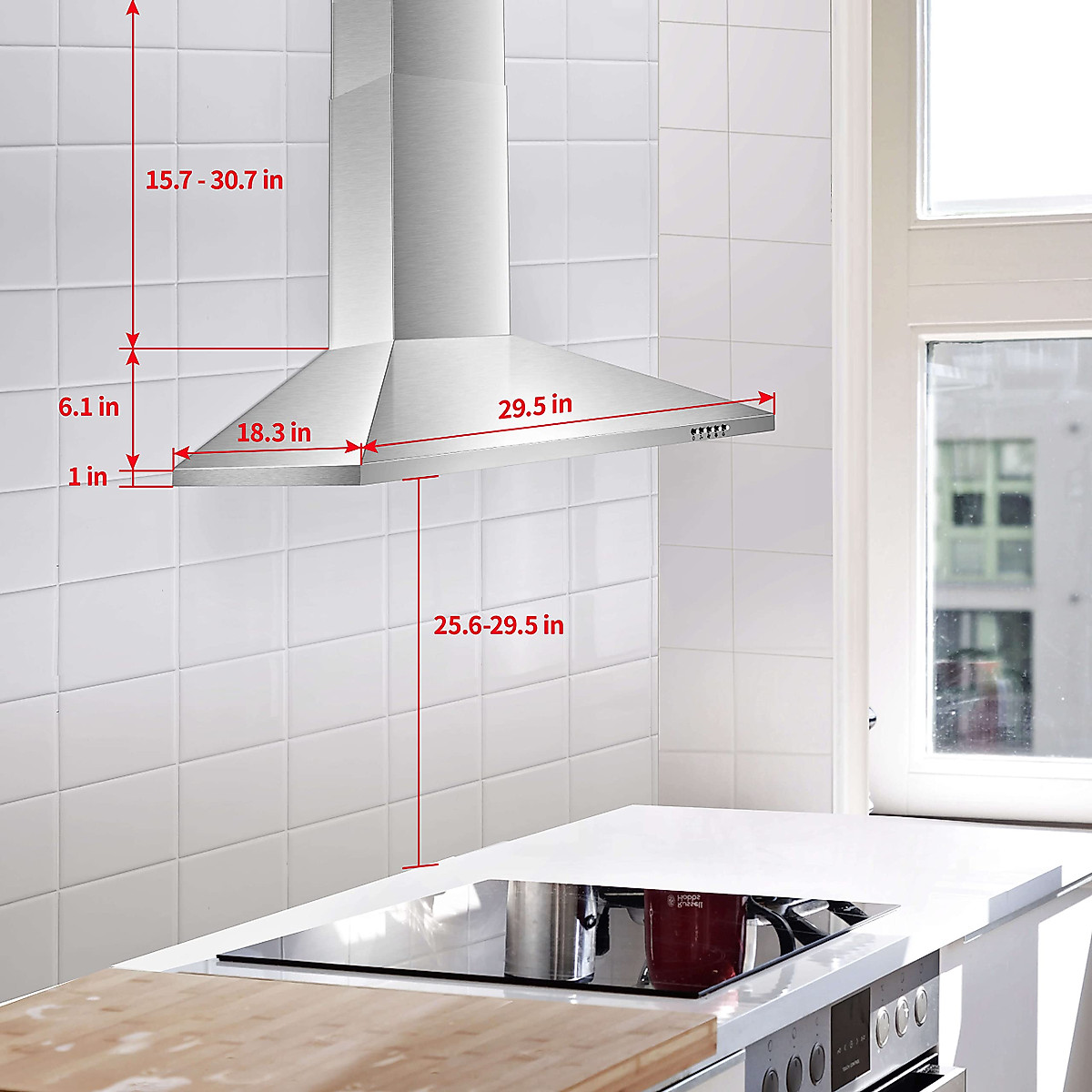 SNDOAS Range Hood 30 inch,Wall Mount Range Hood in Stainless Steel With Ducted/Ductless Convertible,Stove Vent Hood with Aluminum Filters,3 Speed Exhaust Fan,LED Light,Button Control