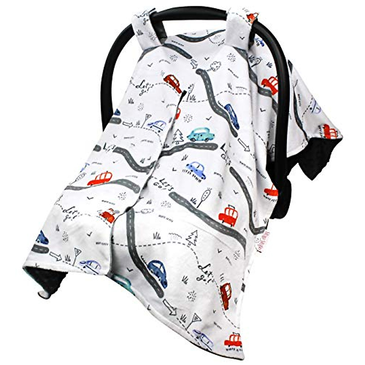 Baby Car Seat Canopy Cover - Road Trip with Grey Minky Dot