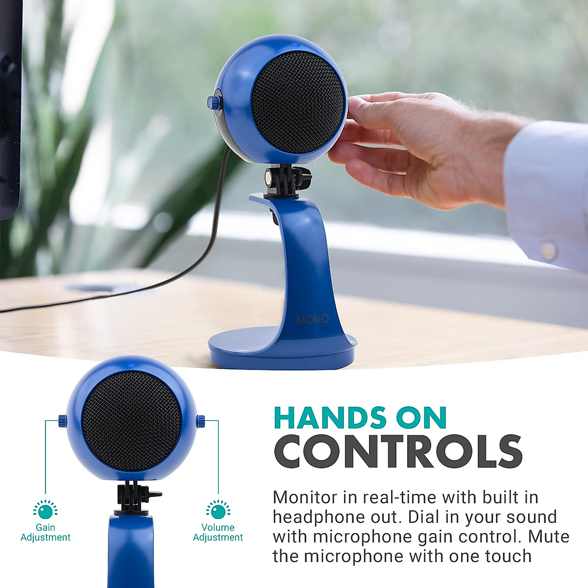 Movo WebMic USB Microphone with Desktop Stand, Royal Blue, Cardioid Condenser, for PC and Mac, with Mic Gain and Headphone Monitoring