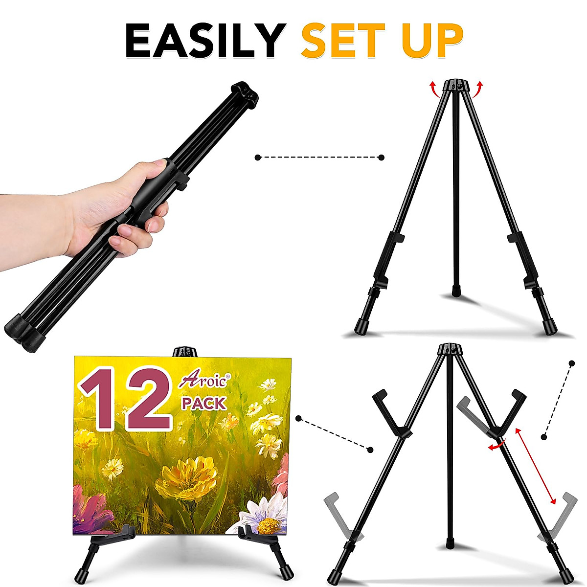 AROIC 14'' Tabletop Instant Display Easel, 12 PACK Black Small Steel Portable & Adjustable Collapsible Table Tripod Easels Stand, for Canvas Paintings, Signs, Event Signs, with 12 Storage Bags