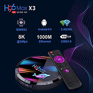 Android 9.0 TV Box Amlogic S905X3 H96 MAX X3 Android TV Box 4GB RAM 64GB ROM Dual-WiFi 2.4GHz/5GHz BT 4.0 Quad Core 64 Bits 3D/8K Full HD/H.265/USB3.0 1000M