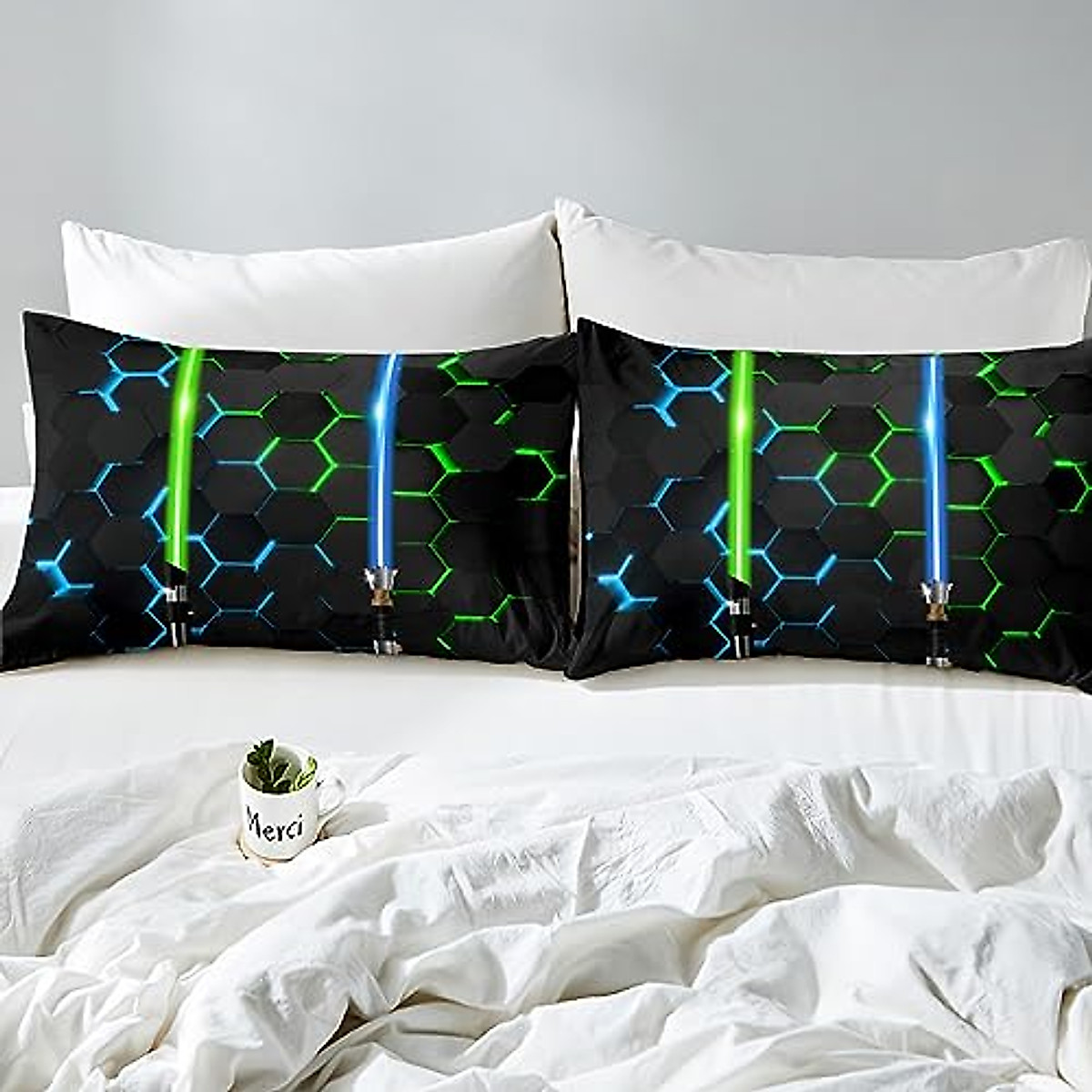 Geometric Honeycomb Hexagon Bed Sheets Twin Size Neon Blue Green Lightsaber Bedding Set 3Pcs Kids Boys Men Gamer Room Decor Fashion Black Sheet Set Cool 3D Games Fitted + Flat Sheet,1 Pillowcase