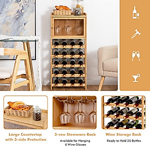 GOFLAME Floor Bamboo Wine Rack Cabinet, 20 Bottles Freestanding Wine Bottle Organizer with Glass Holder and Large Tabletop, Wine Display Storage Shelves for Dining Room, Kitchen, Pantry, Cellar, Bar