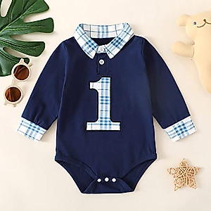 GRNSHTS Baby Boy First Birthday Clothes Plaid Stand Collar Long Sleeve Romper Jumpsuit Cake Smash Outfit (Navy Blue 4, 15 Months)