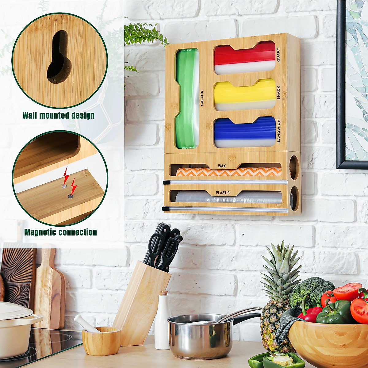 MG CUSTOM GOODS Bamboo Ziplock Bag Organizer & Plastic Wrap Dispenser with Cutter, 6 IN 1 Magnetic Kitchen Drawer Organizer for Gallon, Quart, Sandwich, Snack Bags