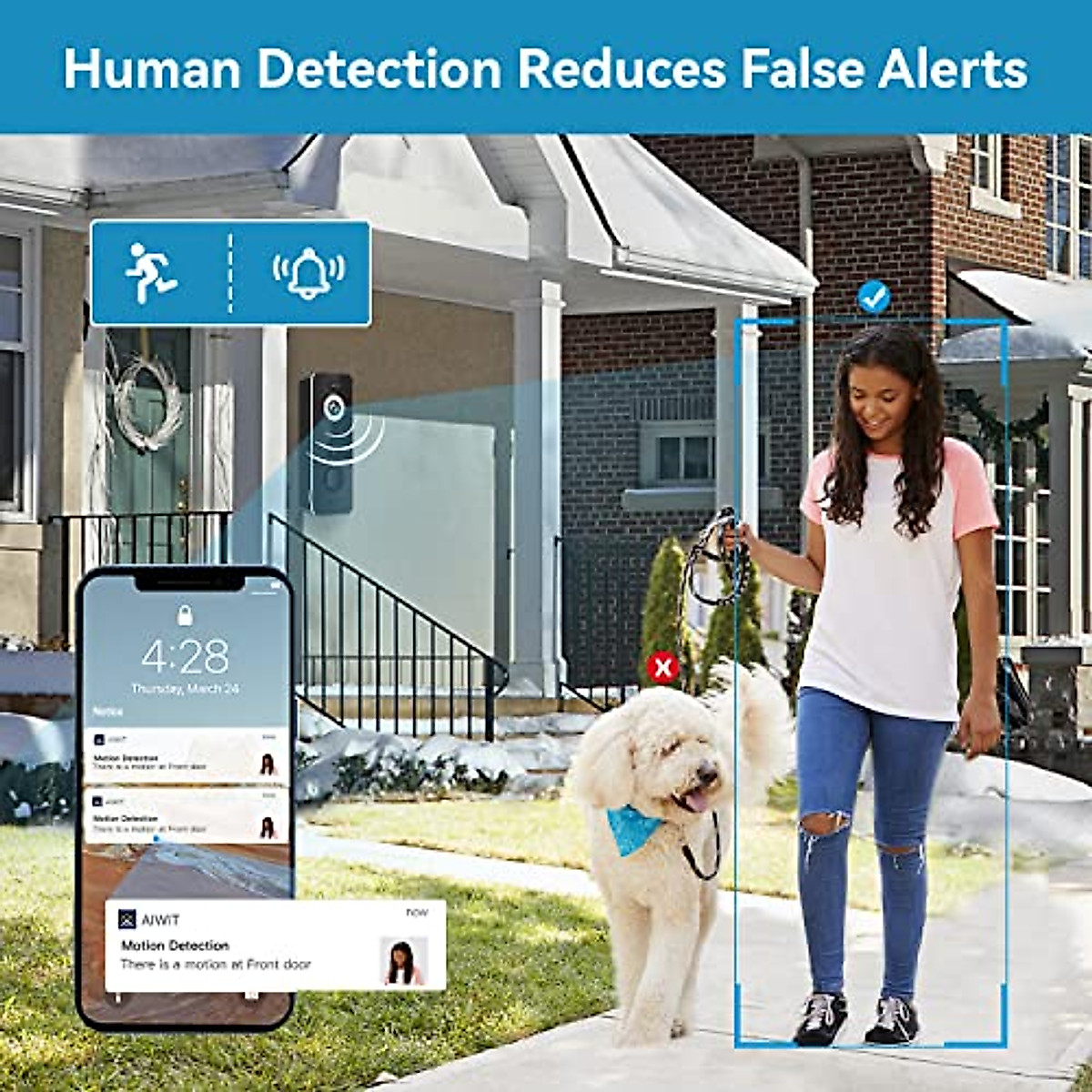 EKEN Doorbell Camera Wireless, Wi-Fi Video Doorbell Camera with AI Smart Human Detection, Indoor Chime Ringer Included, Cloud Storage, 2-Way Audio, Night Vision, Battery Powered