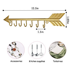 Urban Deco Wall Mounted Gold Arrow Shaped Jewelry Organizer Key Holders– 7 Hooks Metal Necklace Hanging Holder for Girls and Women (Gold)