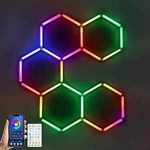 RGB Hexagon Lights - RGB Wall Lights with Music Sync, Dimmable and Speed Adjustable LED Hexagon Lights, LED Wall Lights for Gaming Room Decor, Streaming, Party, Bar, Gym