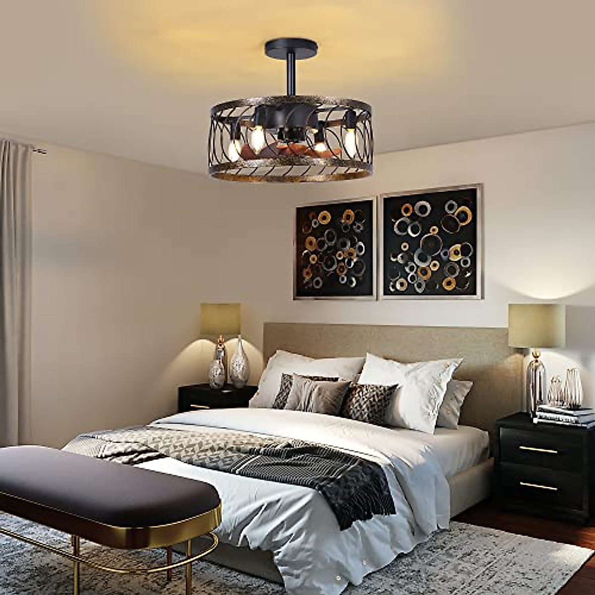 Rustic Hand-Swept Gold Paint Accents Sand Black Fandelier Ceiling Fans with Lights and Remote, Farmhouse Caged Semi-Flush Mount Ceiling Fan with Height Adjustment, Reverse Quite Motor for Indoor