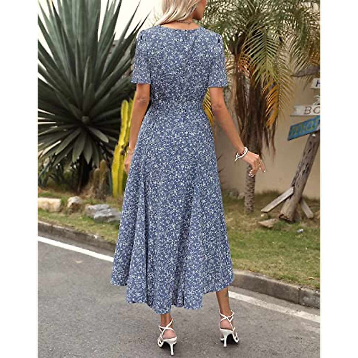 Maggeer 2023 Womens Casual Summer Dresses Short Sleeve Cute V Neck Ruffle Boho A Line High Low Flowy Swing Beach Modest Floral Maxi Dress with Pockets Dusty Blue XL