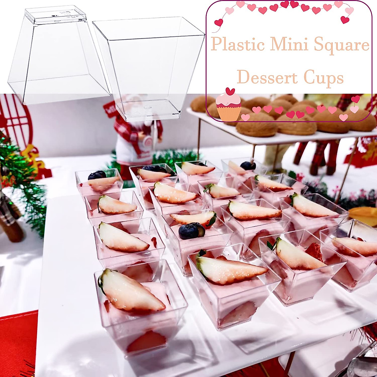 50 Pack 3.5 Oz Plastic Mini Square Dessert Cups with Spoons,Plastic Parfait Appetizer Cup,Disposable Plastic Cups for Puddings Mousse Desserts