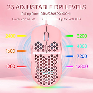 DIERYA M1SE Wired Gaming Mouse with Honeycomb Shell, 12800DPI Optical Sensor, 6 Programmable Macros, Software Support for Custom Key Config, and RGB Settings for Windows 7/8/10/XP, Vista, Linux-Pink