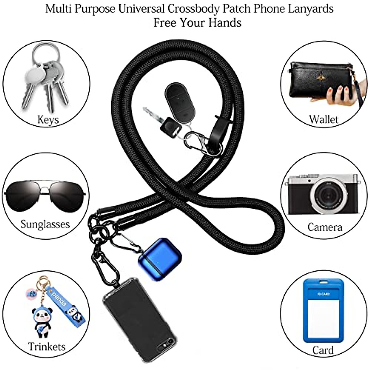 BERITNI Cell Phone Lanyard, Adjustable Length Crossbody Universal Nylon Phone Strap with Patch, Black