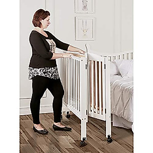 Dream On Me 3 in 1 Portable Folding Stationary Side Crib in White, Greenguard Gold Certified, Safety Wheel with Locking Casters, Convertible, 3 Mattress Heights