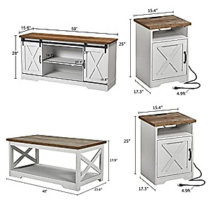 AMERLIFE 4-Piece Farmhouse Table Set Includes Sliding Barn Door TV Stand, Coffee Table& Two End Tables, Side Table with Charging Station and USB Ports, for Living Room, Bedroom, Distressed White, 59‘