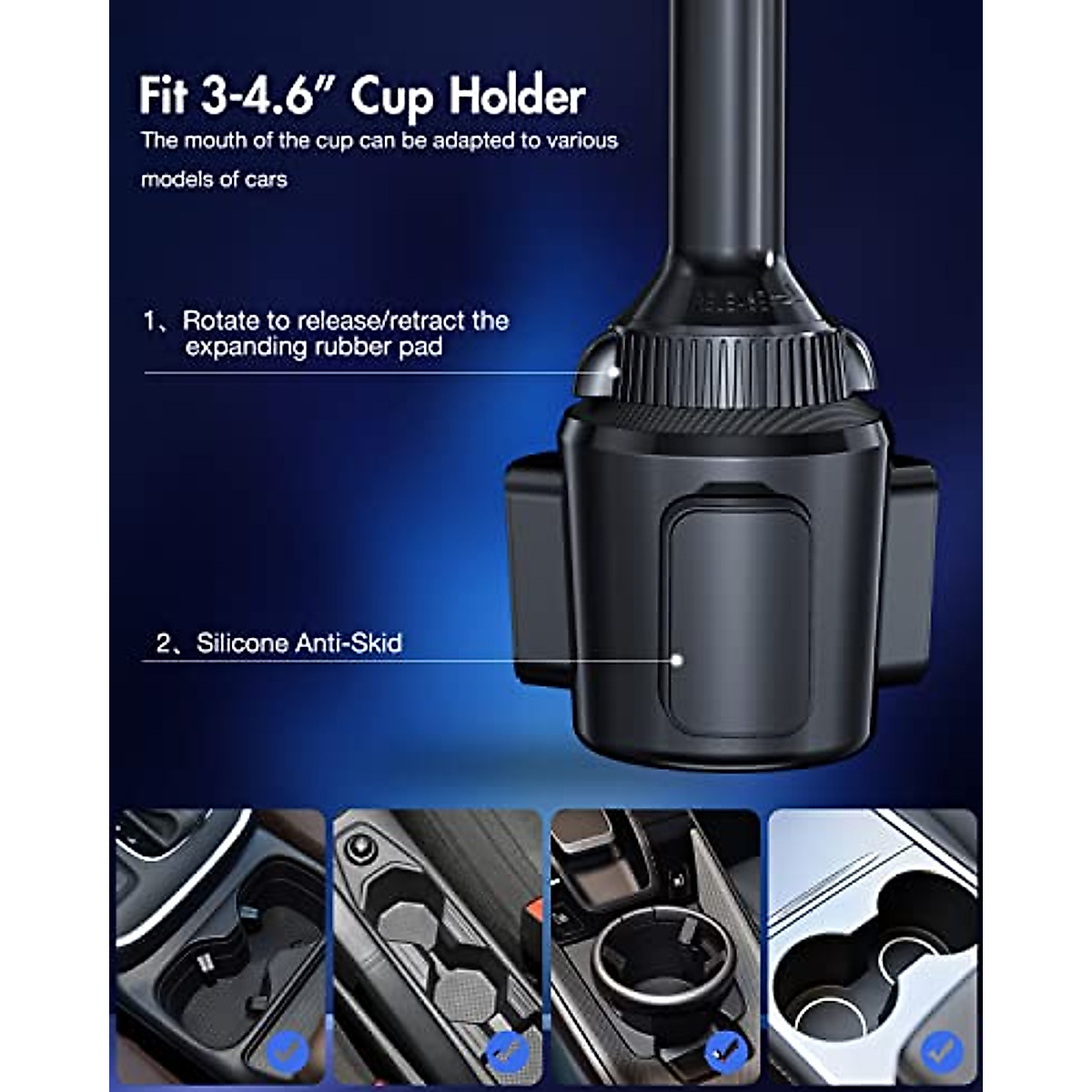 SMORFIT Cup-Holder-Phone-Mount-for-Car/Truck, Quick Extension Long Arm Fast Swivel Adjustable Height 360 Rotatable, Solid Cup Low Profile Universal Mobile Mount