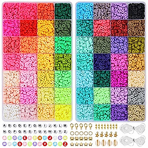 SJZWSD 14400pcs Clay Beads Bracelet Making Kit，56 Colors Flat Round Polymer Clay Beads Heishi Beads ，300pcs Letters Beads for DIY Jewelry Bracelets Necklace Making