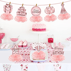 Pink Rose Gold Happy Birthday Decorations Honeycomb Centerpieces for Women Girls, 8Pcs Pink Happy Birthday Table Centerpieces Party Supplies, 16th 21st 30th 40th 50th 60th Bday Table Toppers Decor