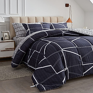 Navy Blue Bed in a Bag 7 Pieces Queen Size All Season Navy White line - Soft Microfiber Reversible Bed Comforter Set (1 Comforter, 2 Pillow Shams, 1 Flat Sheet, 1 Fitted Sheet, 2 Pillowcases)