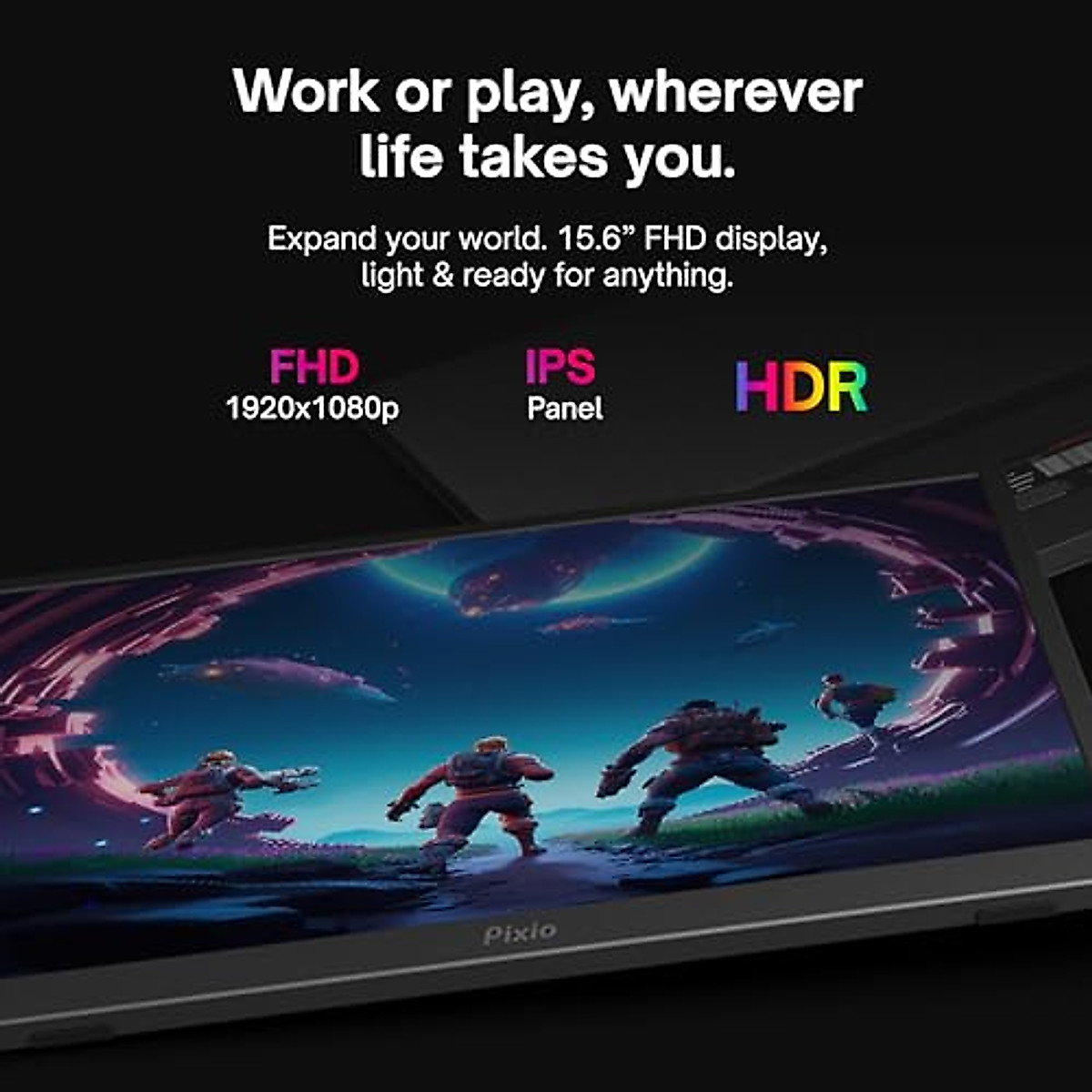 Pixio PX160 Portable Monitor 15.6 inch 60Hz Refresh Rate FHD 1080p Resolution IPS Panel HDR Screen Cover Stand USB-C HDMI Display for Laptop, PC, Console, Phone