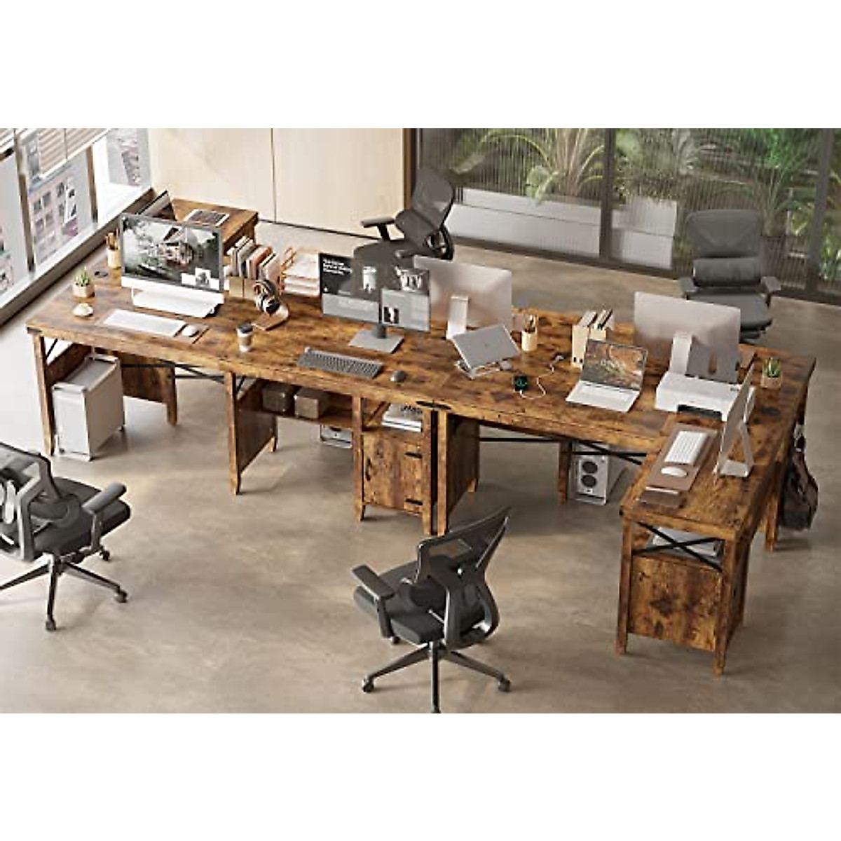 Bestier L-Shaped Home Office Computer Desk with Storage Cabinet & Bookshelf, Farmhouse Office Table for Writing Study, 60 x 42 Inch Corner Desk or 82.3 Inch 2 Person Long Desk, Rustic Brown
