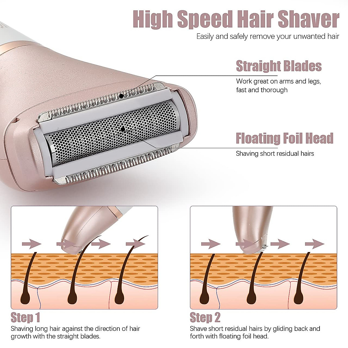 Electric Razor for Women, Laintene 2 in 1 Wet & Dry Hair Removal Trimmer, Waterproof Body Hair Groomers Lady Shaver for Legs, Underarms, Armpit, Face (Rose Gold)