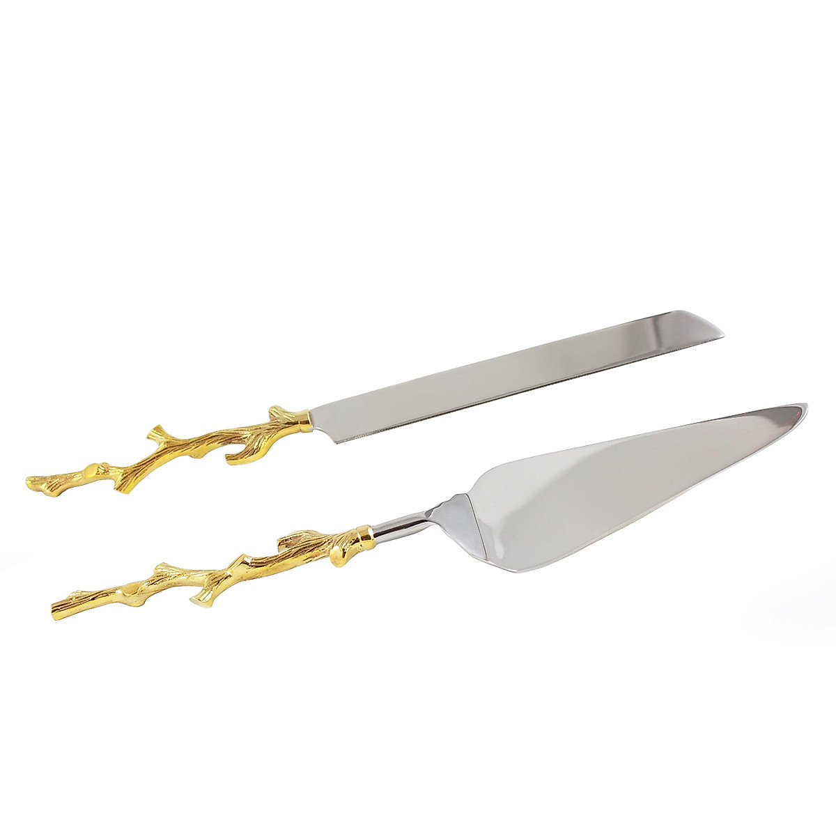 RS Accessories LLC Server Set, Cake, Pie, Desert Flatware Set, Tree Branch Design, 2-Piece 18/10 Stainless Steel with Brass Handles (Light Antique Gold Finish)…