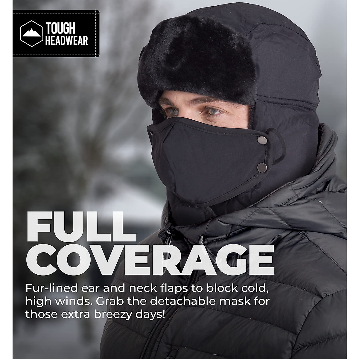 Tough Headwear Winter Trapper Hat with Mask - Russian Ushanka Trooper Aviator Hats for Men & Women -Snow Eskimo Hat with Ear Flaps for Cold - Full Black