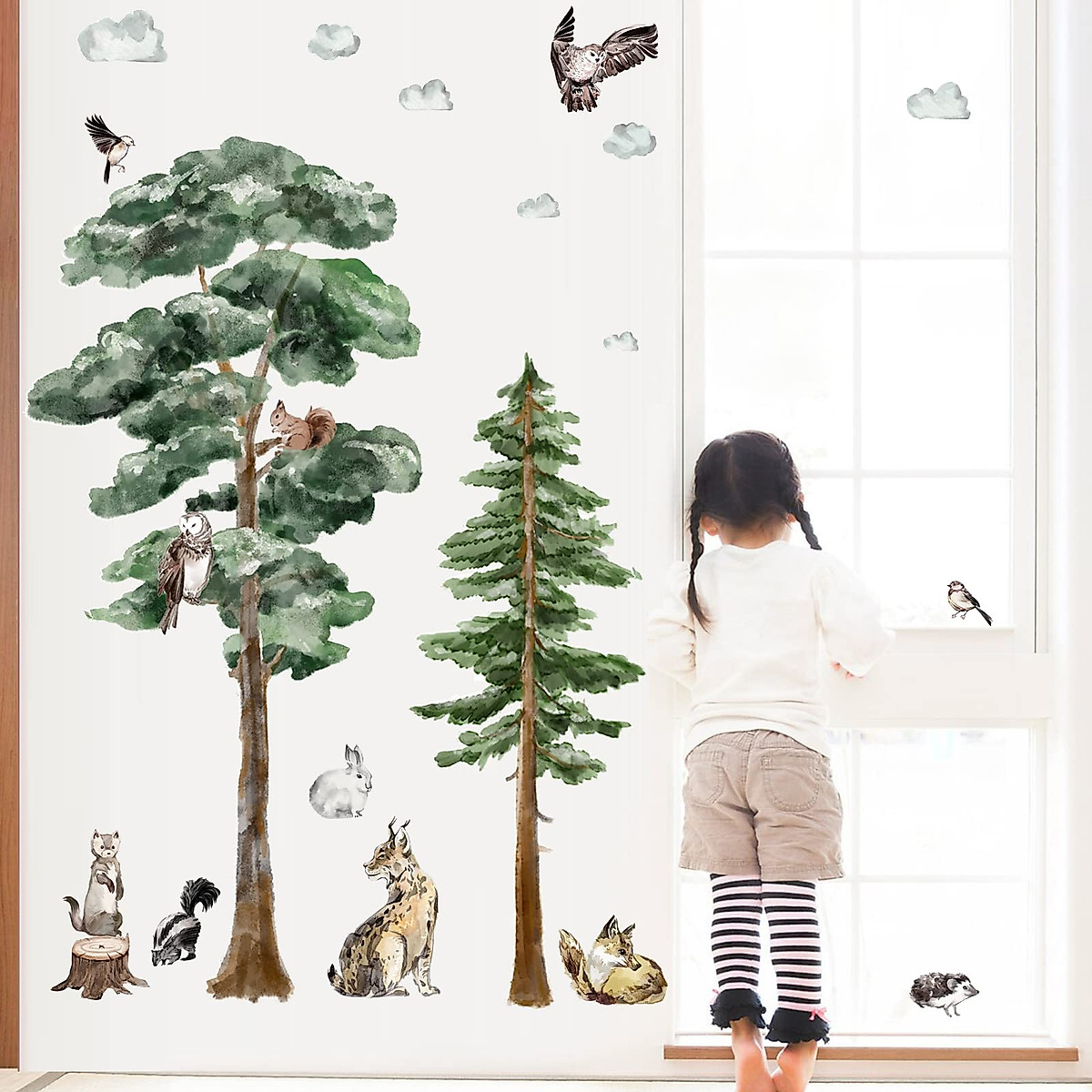 68in X-Large Pine Tree Safari Animals Wall Decals Woodland Nursery Wall Decor Watercolor Forest Animal Wall Decal Peel and Stick Deer Birds Owl Wolf Stickers for Kids Room Wall Art Baby Nursery Decor