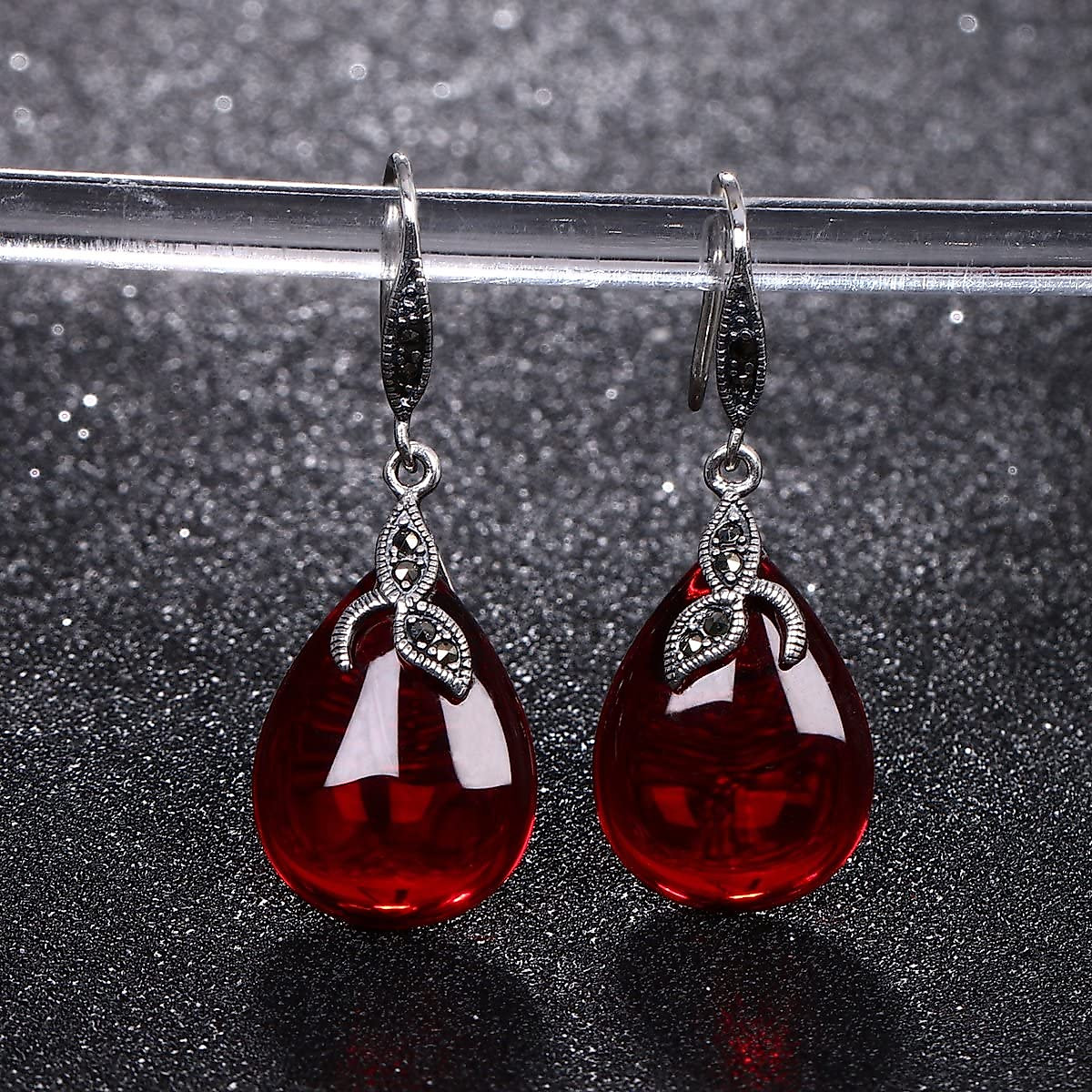 EVER FAITH 925 Sterling Silver Red Created Chalcedony Crystal Retro Black Leaf Teardrop Hook Earrings Birthday/Mothers Day/Valentines Day/Christmas Jewelry Gift for Women