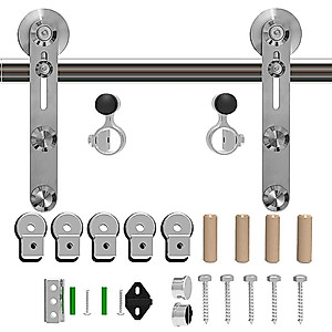 CCJH 5FT Stainless Steel Sliding Barn Door Hardware Track Kit Heavy Duty for Single Wood Door (Round Shape Hanger)