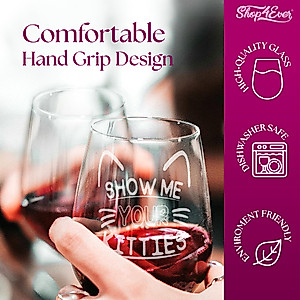 Show Me Your Kitties Laser Engraved Stemless Wine Glass 15 oz. Funny Gift for Cat Lovers