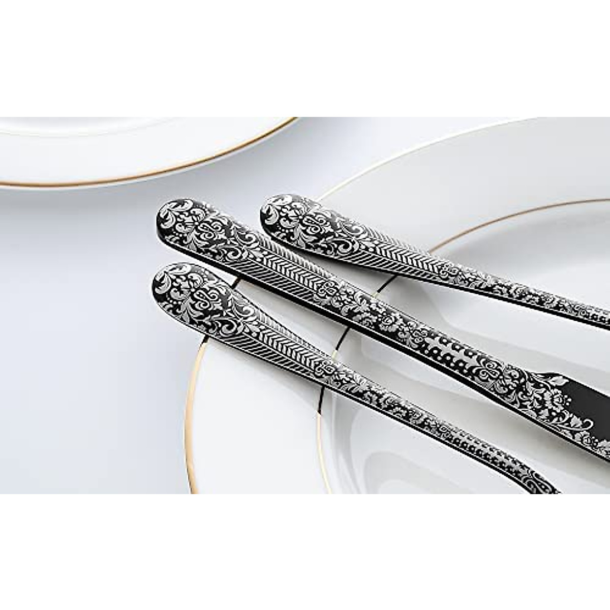 Fivent Floral Damask Rose Black Cutlery Set - 20 pcs - Includes 8 x Spoons, 8 x Forks, 4 x Knife - Stainless Steel, Dishwasher Safe, Mirror Polished Tableware - Durable Flatware - Home Kitchen